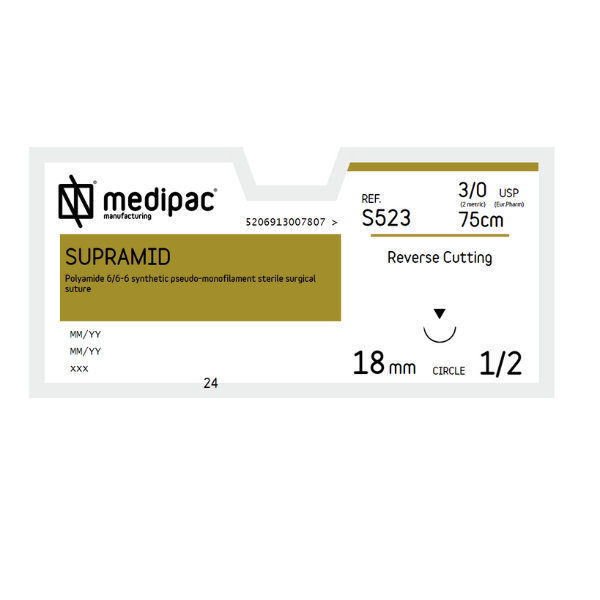 Pack de 24x S523 Supramid 3/0 75 cm 18 mm 1/2RC Medipac - Medibloux